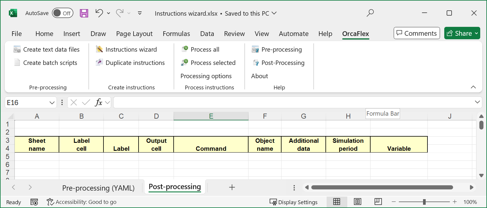 Post-processing: OrcaFlex spreadsheet